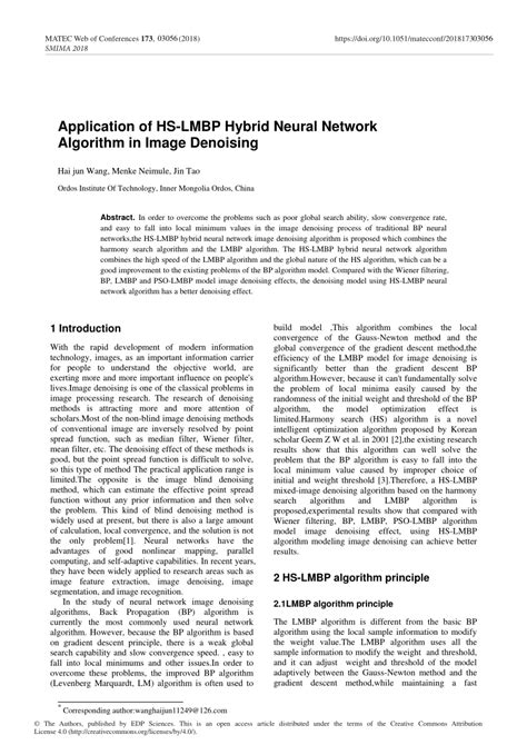 Pdf Application Of Hs Lmbp Hybrid Neural Network Algorithm In Image Denoising