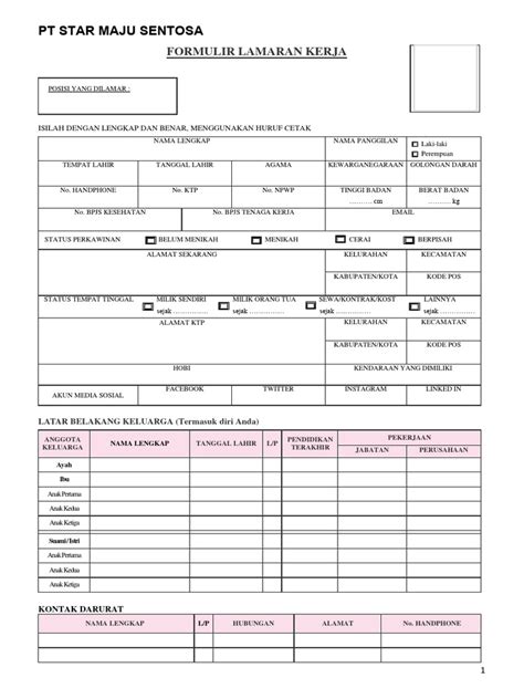form isian data diri karyawan star pdf