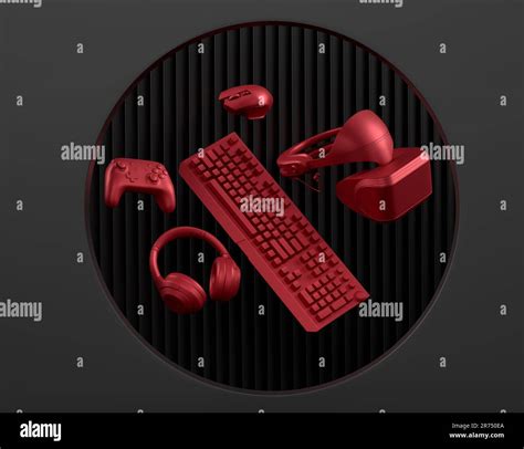 Set Of Video Game Joystick Vr Glasses And Headphones On Cylinder Podium On Monochrome