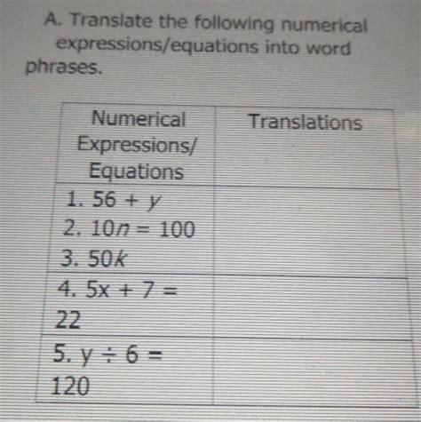 solved translate the following numerical expressions equations into word phrases [others]