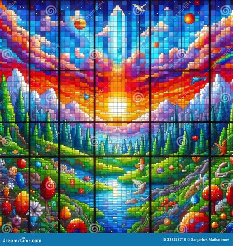 Vibrant Glass Pixel Art A Colorful Stained Glass Window Depictin Stock