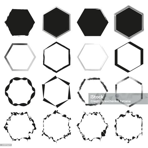 다양한 육각형 프레임이 세트로 되어 있습니다 기하학적이고 유기적인 윤곽선은 수집을 나타냅니다 추상적인 모양과 테두리 디자인 예술적인 육각형 요소 벡터 일러스트 레이 션입니다