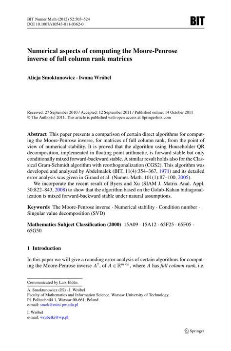 Pdf Numerical Aspects Of Computing The Moore Penrose Inverse Of Full
