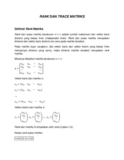 Rank Dan Trace Matriks Rank Dan Trace Matriks Definisi Rank Matriks