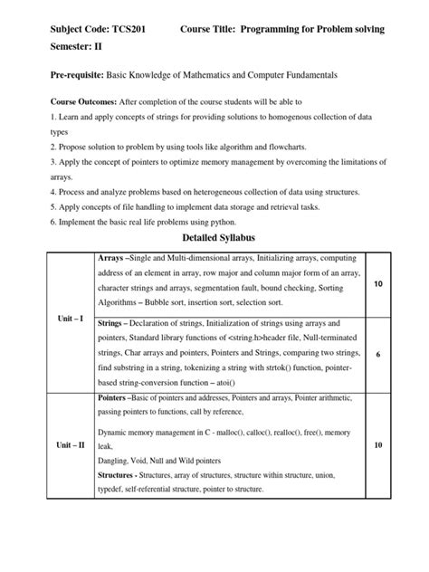 Tcs 201 Syllabus 1 Pdf Pointer Computer Programming String