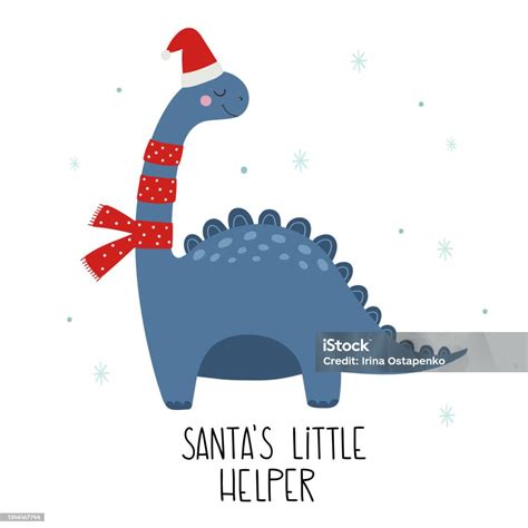 크리스마스 공룡 손 레터링 산타의 작은 도우미 만화 플랫 스타일에서 재미있는 캐릭터의 벡터 일러스트 벡터 손으로 그린 컬러 어린이 의 그림 아기 인쇄 겨울에 대한 스톡 벡터