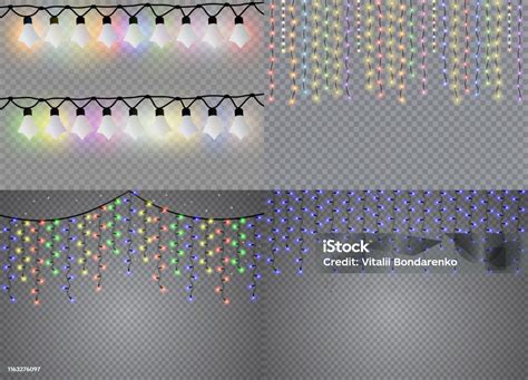 크리스마스 조명의 세트는 현실적인 디자인 요소를 격리 Xmas 홀리데이 카드 배너 포스터 웹 디자인에 대한 빛나는 조명 화환 장식 벡터 일러스트레이션 0명에 대한 스톡 벡터