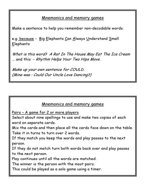 Mnemonics Memory Games Pdf