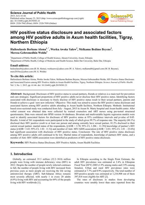 Pdf Hiv Positive Status Disclosure And Associated Factors Among Hiv Positive Adults In Axum