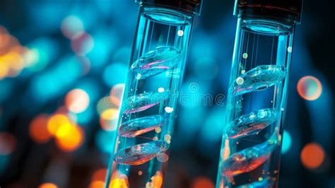 Glowing Dna Strands In Test Tubes With Blue Light Reflection Concept Of Genetic Testing