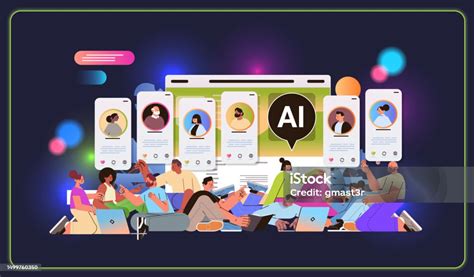 Ai 도우미 봇 프로필 생성 디지털 통신 개념으로 소셜 미디어에서 채팅하는 혼합 인종 Z세대에 대한 스톡 벡터 아트 및 기타 이미지 Z세대 밀레니엄 세대 연료 및