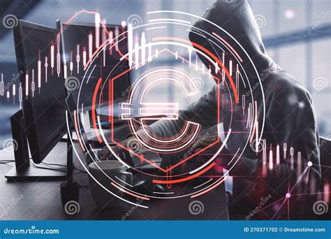 Hacker At Desktop Using Laptop With Abstract Glowing Digital Business