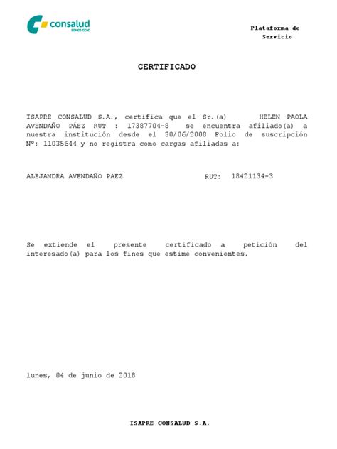 Certificado De Afiliación Consalud Pdf
