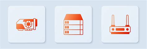 서버 데이터 웹 호스팅 비디오 그래픽 카드 및 라우터 및 Wifi 신호를 설정합니다 흰색 정사각형 버튼 벡터 Cpu에 대한 스톡 벡터 아트 및 기타 이미지 Istock