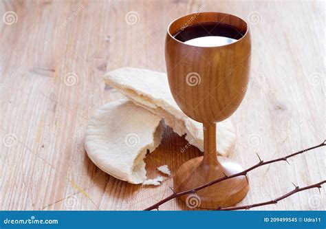 Chalice Of Wine Passover Bread Thorns As Jesus Last Supper And Passion Of Christ Concept Stock