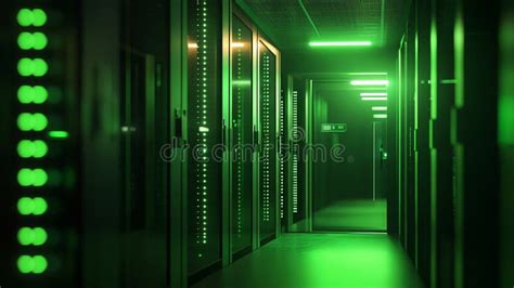 Green Illuminated Server Room Modern Data Center Technology Web Dark
