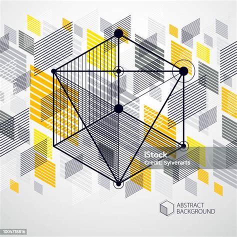 현대 추상 입방 격자 라인 노란색 배경 벡터입니다 큐브 육각형 사각형 사각형 및 다른 추상 요소 레이아웃 추상적인 기술 3d