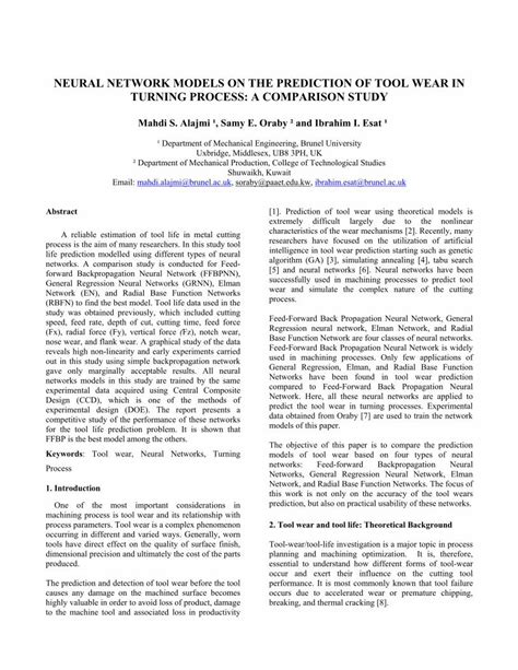 pdf neural network models on the prediction of tool wear in turning