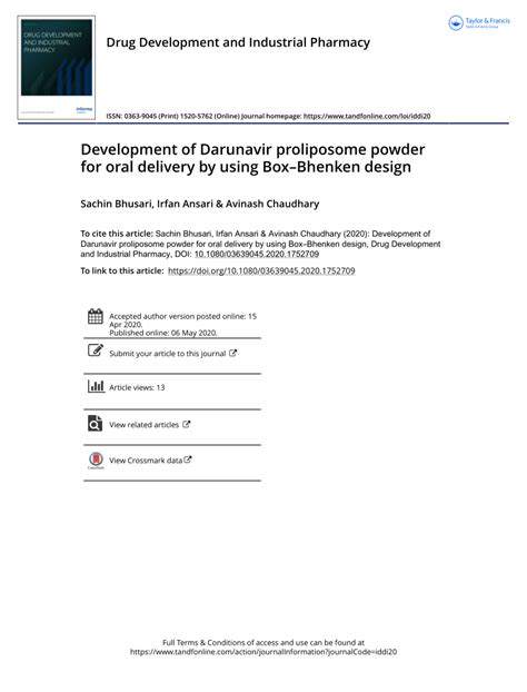 Pdf Development Of Darunavir Proliposome Powder For Oral Delivery By Using Box Bhenken Design
