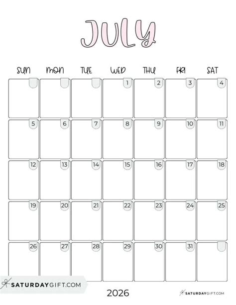 Blank Calendar July 2026 Pdf Calendar 2025 Printable