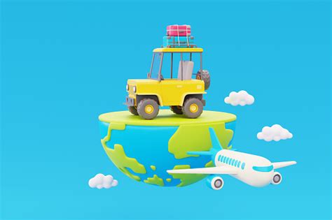 지붕에 가방이 있는 오프로드 자동차 지구본이 있는 구름 속을 나는 비행기 관광 및 여행 개념 휴가 휴가 자연 여행 3d 렌더링으로 로드 트립 가방에 대한 스톡 사진 및 기타