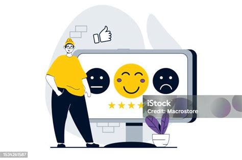 웹을 위한 플랫 디자인에서 사람들 장면이 있는 피드백 페이지 개념 고객 경험 평가를 위해 좋은 감정으로 미소를 선택하는 남자 소셜 미디어 배너 마케팅 자료에 대한 벡터
