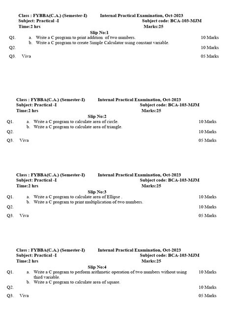 C Practical Slip Pdf Area Mathematics