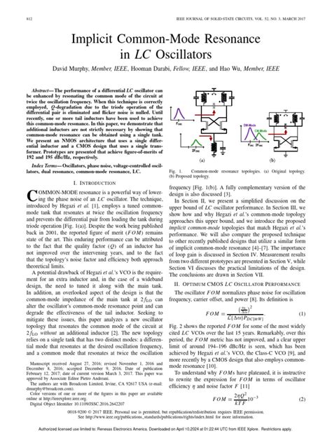 Implicit Common Mode Resonance In Lc Oscillators Murphy2017 Pdf Resonance Electronic