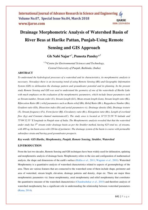 Pdf Drainage Morphometric Analysis Of Watershed Basin Of River Beas At Harike Pattan Punjab