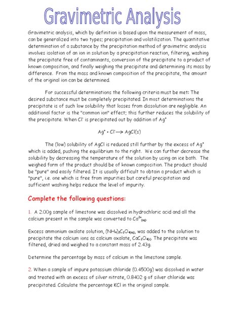 Gravimetric Analysis Worksheet Pdf Precipitation Chemistry Solubility