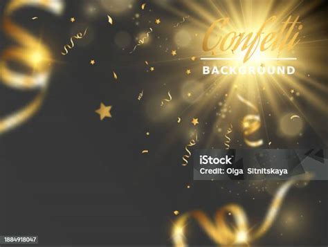 색종이 배경입니다 생일 기념일 축하 배너 떨어지는 반짝이는 황금색 색종이입니다 기념일 파티의 배경입니다 휴일 준비를 위한 요소 3차원 형태에 대한 스톡 벡터 아트 및 기타