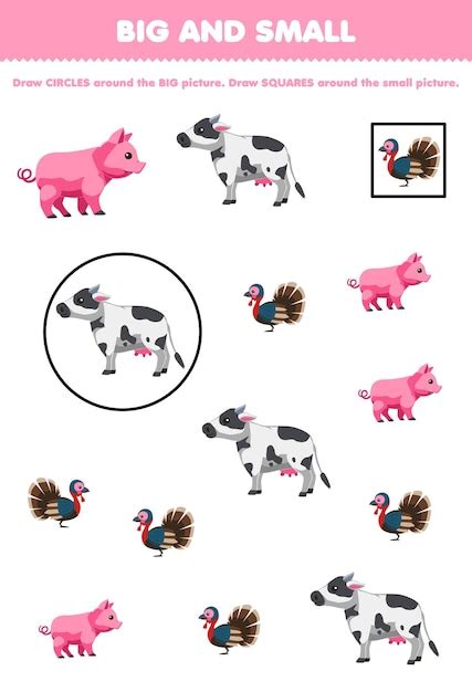 어린이를 위한 교육 게임은 귀여운 만화 돼지 칠면조 인쇄용 농장 워크시트의 원과 사각형을 그려 크거나 작은 크기로 배열합니다 프리미엄 벡터