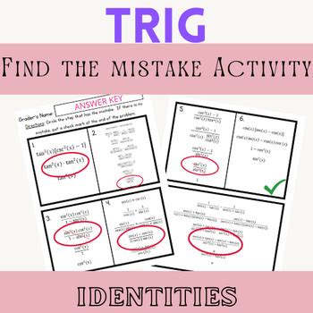 Simplifying Trig Expressions Find The Mistake Trig Expressions Activity