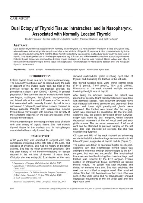 Pdf Dual Ectopy Of Thyroid Tissue Intratracheal And In Nasopharynx Associated With Normally