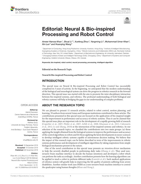 Pdf Editorial Neural And Bio Inspired Processing And Robot Control