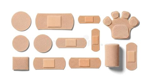 A Collection Of Various Bandages And Band Aids On A White Background