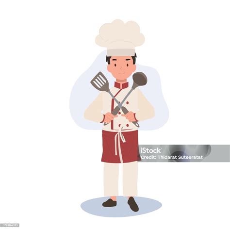오리발과 국자를 들고 있는 젊은 요리 프로 팔짱을 끼고 있는 자신감 넘치는 키드 셰프 가정 주방에 대한 스톡 벡터 아트 및 기타 이미지 가정 주방 가정의 방 귀여운