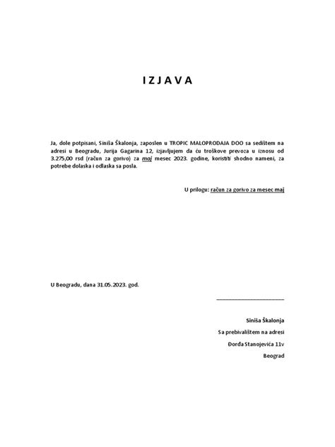 Izjava Za Prevoz Template Pdf