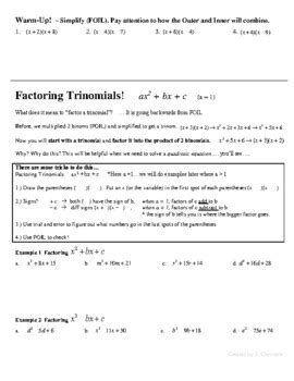 Factoring Quadratic Trinomials Notes And Worksheets By M T Set