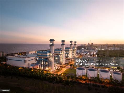 Aerial View Of Natural Gas Combined Cycle Power Plant At Night Gas