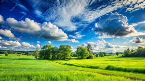 A Field With A Cloudy Sky And Trees In The Background Premium Ai