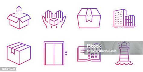 패키지 상자 건물 및 소포 아이콘 세트 상자 지침 정보 및 리프트 표지판을 잡으십시오 등대 기호입니다 벡터 0명에 대한 스톡 벡터 아트 및 기타 이미지 Istock