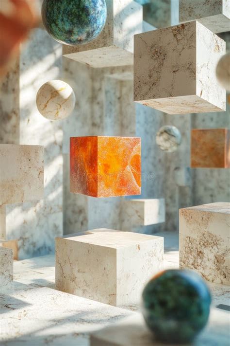 Floating Marble Cubes And Spheres Create A Surreal And Abstract Composition In A Sunlit Space