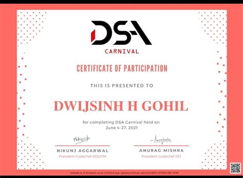 Dwijsinh H Gohil On Linkedin Hello Connections Just Recieved Certificate For Participating In Dsa