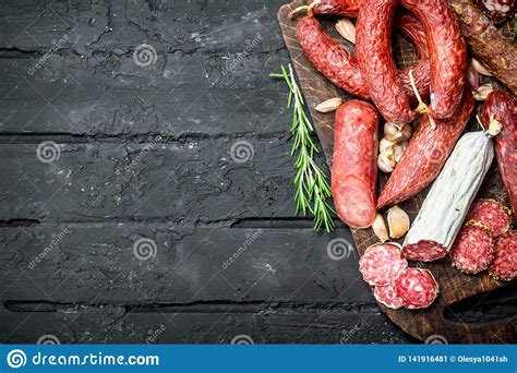 Different Types Of Salami With Spices And Herbs Stock Image Image Of Delicious Background