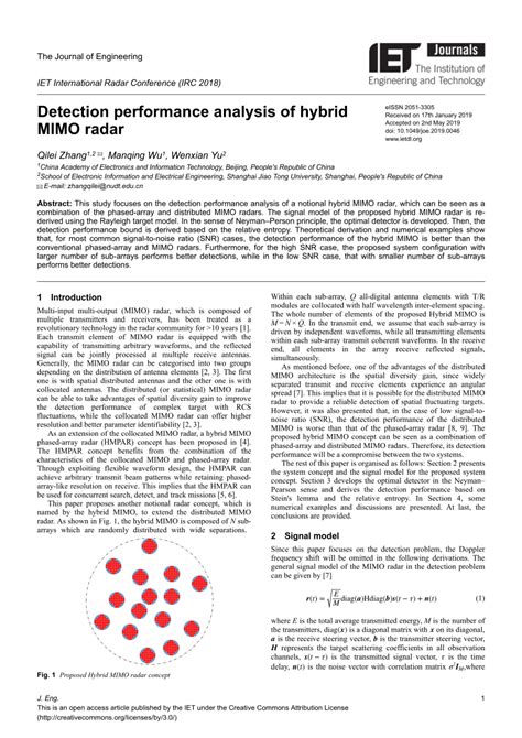 Pdf Detection Performance Analysis Of Hybrid Mimo Radar