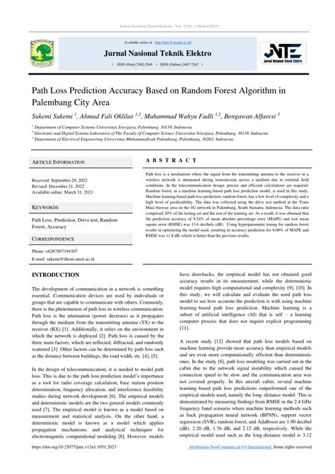 Pdf Path Loss Prediction Accuracy Based On Random Forest Algorithm In Palembang City Area