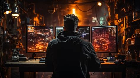 Premium Photo Rear View Of A Hacker Using Multiple Computers For