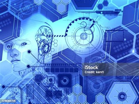 간단한 파란색 육각 요소와 로봇의 머리와 추상 기술 배경 개념에 대한 스톡 벡터 아트 및 기타 이미지 개념 계획 공학 Istock
