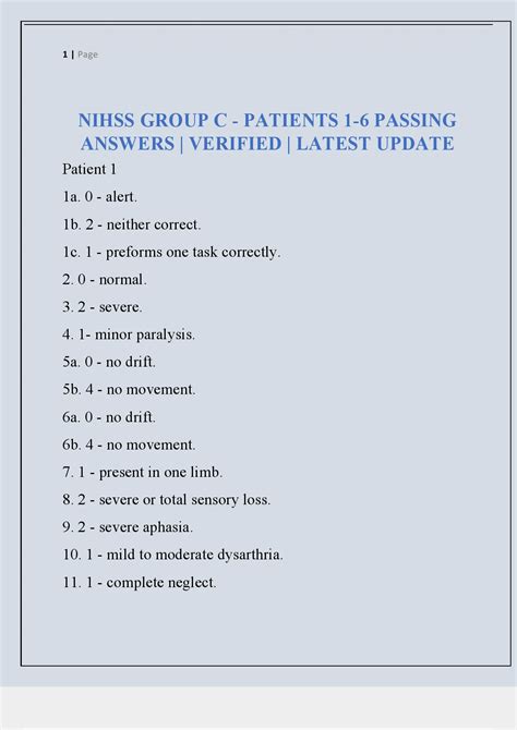 Nihss Group C Patients 1 6 Passing Answers Verified Latest Update